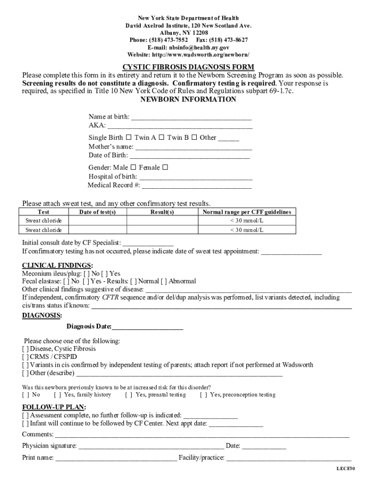 Fillable Online CYSTIC FIBROSIS DIAGNOSIS FORM Fax Email Print - pdfFiller