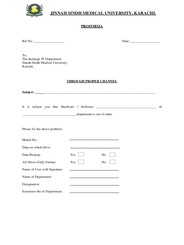 Fillable Online JINNAH SINDH MEDICAL UNIVERSITY, KARACHI SITUATION ...