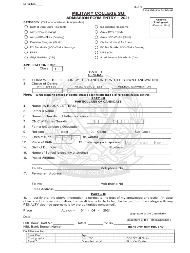 Fillable Online militarycollegesui edu MILITARY COLLEGE SUI ADMISSION ...