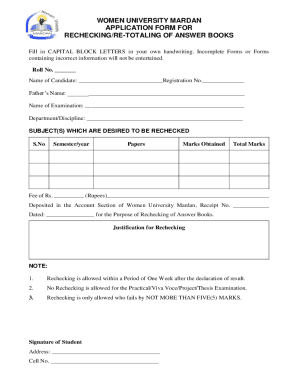Fillable Online WOMEN UNIVERSITY MARDAN APPLICATION FORM FOR RECHECKING/RE ... Fax Email Print ...