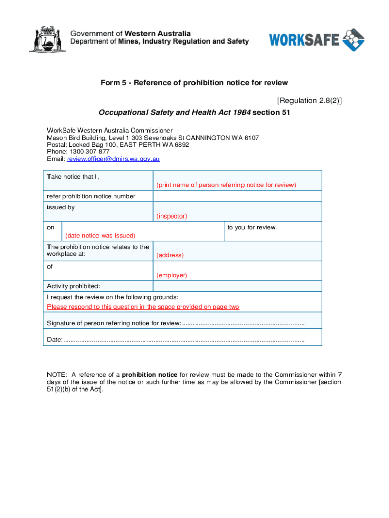 Fillable Online Form 5 Review of prohibition notice - Department of ...