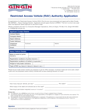 Fillable Online Restricted Access Vehicle (RAV) Authority Application ...