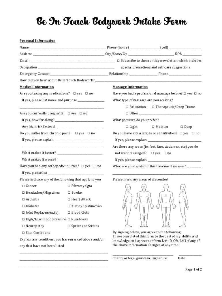 Fillable Online Be In Touch Intake Form - Be In Touch Bodywork Fax ...