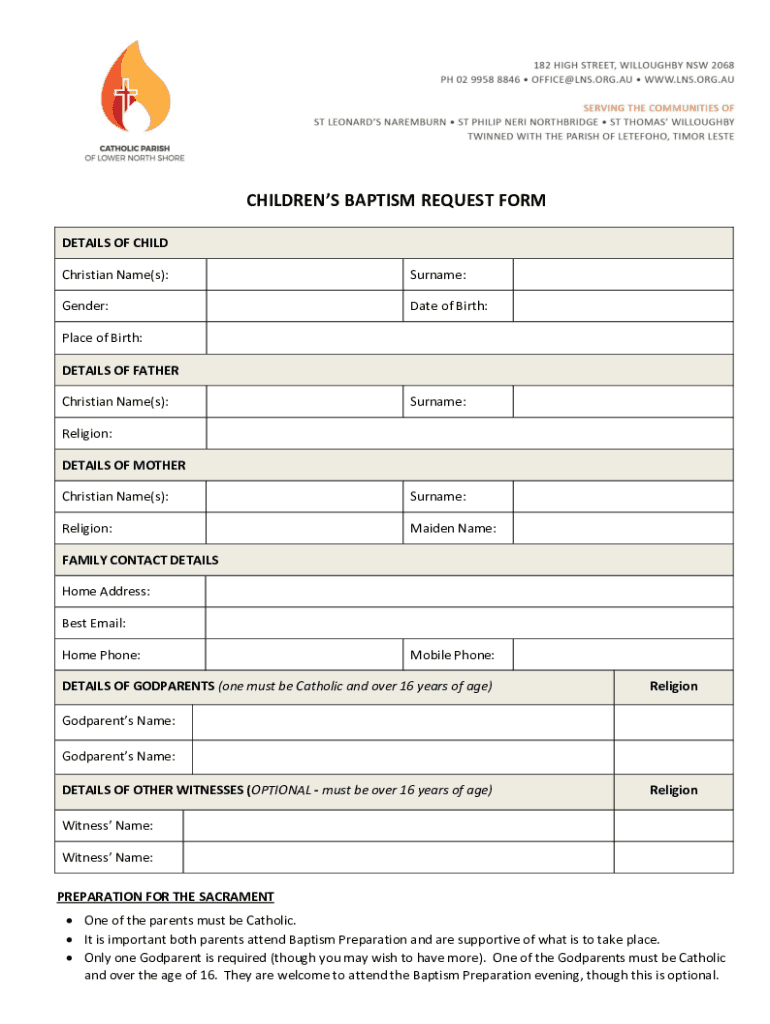 Fillable Online CHILDRENS BAPTISM REQUEST FORM Fax Email Print - pdfFiller