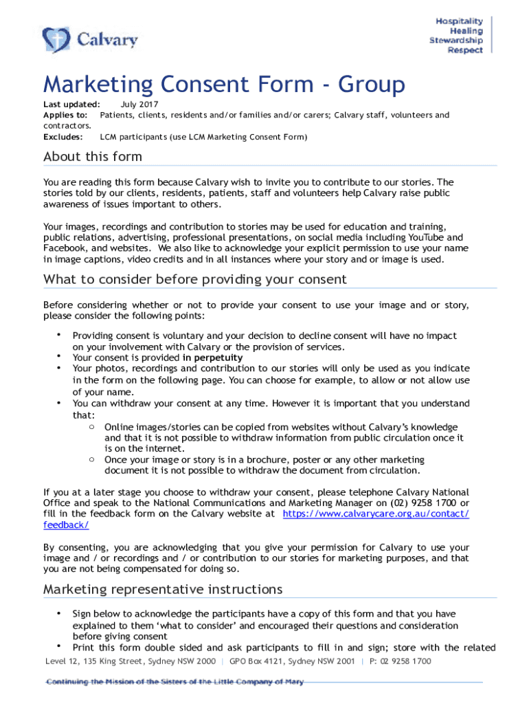 Fillable Online Marketing Consent Form-Group July 2017 Fax Email Print ...