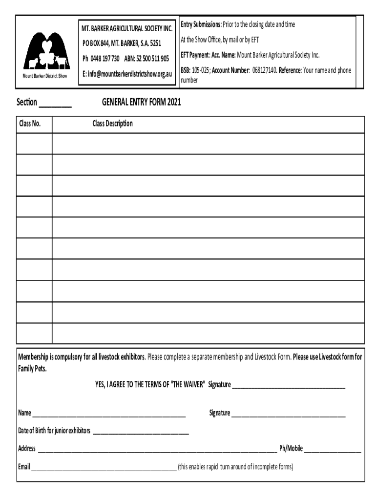 Fillable Online GENERAL ENTRY FORM 2021 - Mount Barker Show Fax Email ...