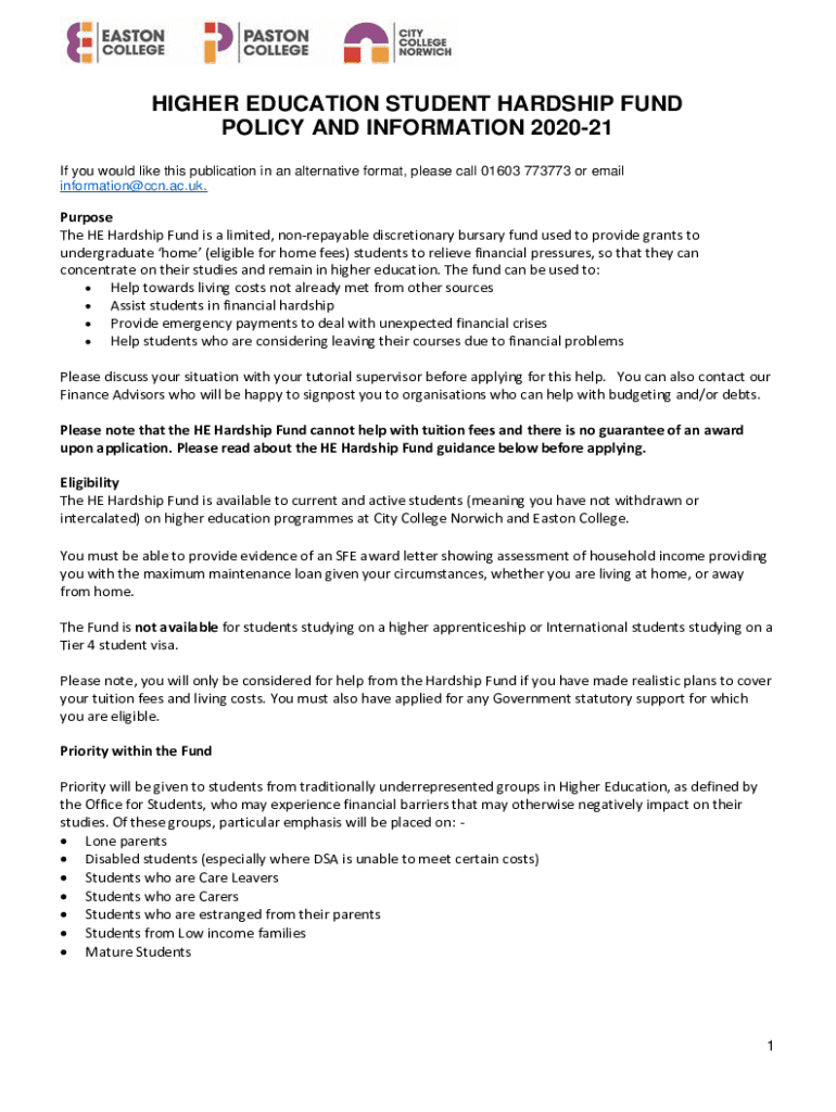 Fillable Online HIGHER EDUCATION STUDENT HARDSHIP FUND POLICY AND ...