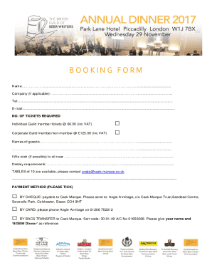 Fillable Online Annual Dinner Booking Form Fax Email Print - pdfFiller