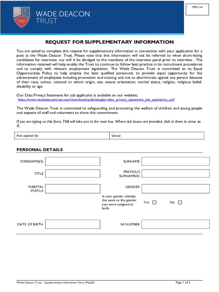 Fillable Online Wade Deacon Trust Supplementary Information Form Fax ...