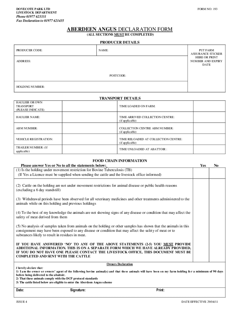 Fillable Online ABERDEEN ANGUS DECLARATION FORM - Meadow Quality Fax Email Print - pdfFiller