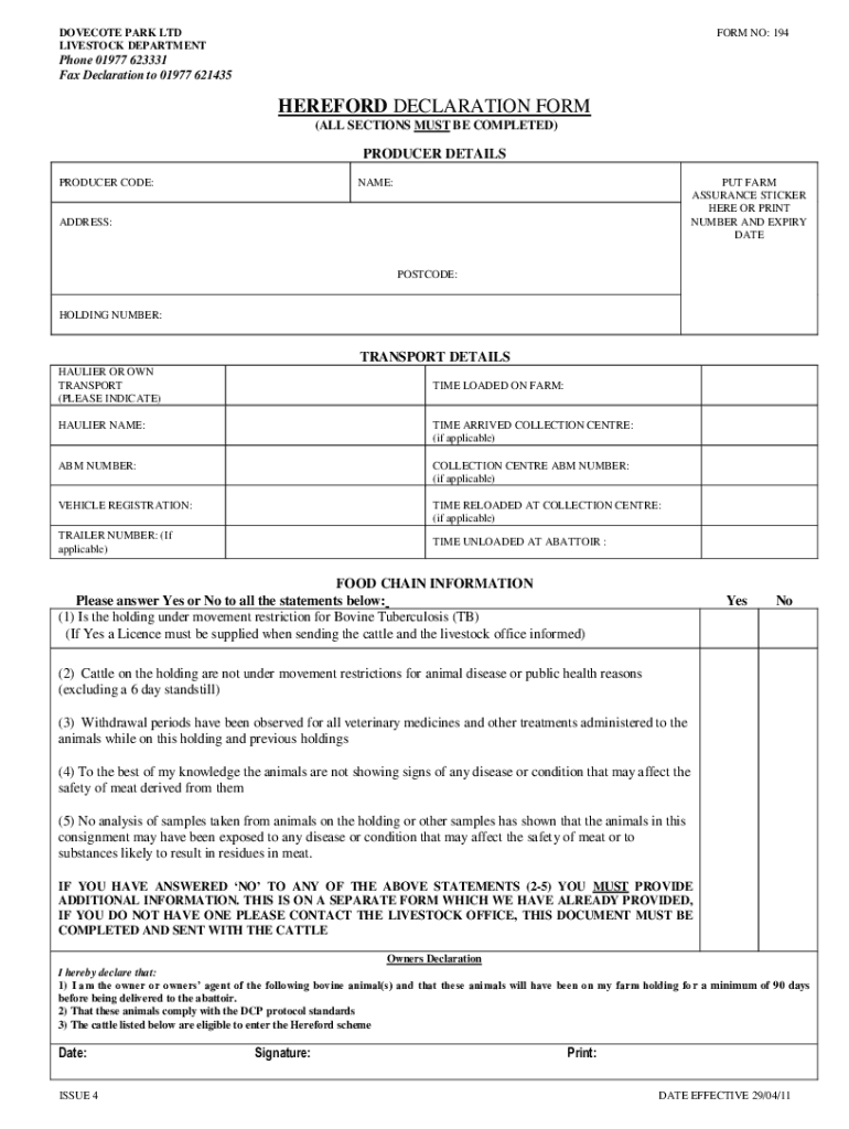 Fillable Online BRITISH BEEF DECLARATION FORM - Meadow Quality Ltd Fax ...