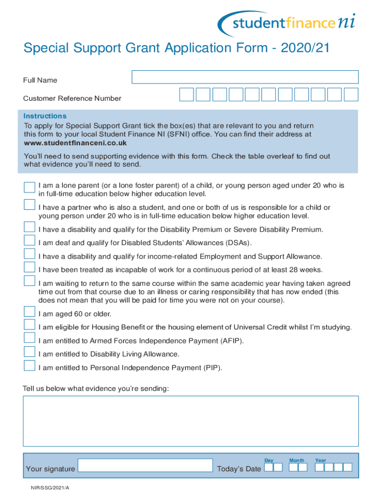 Fillable Online Special Support Grant Application Form - 2020/21 ...