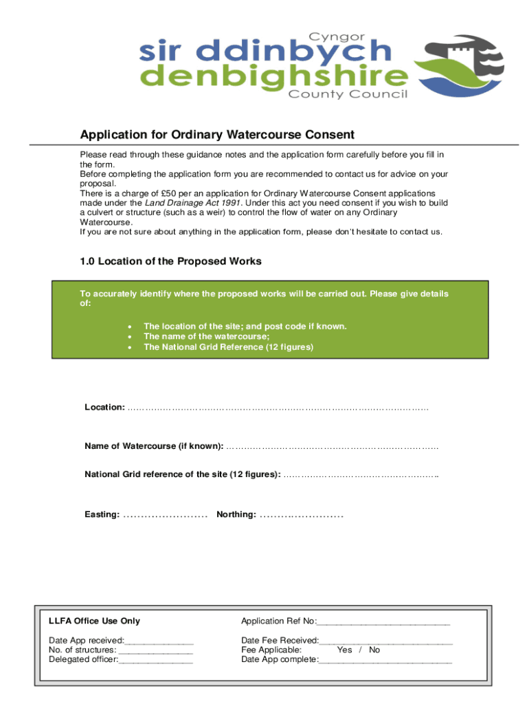 Fillable Online Application for Ordinary Watercourse Land Drainage ...