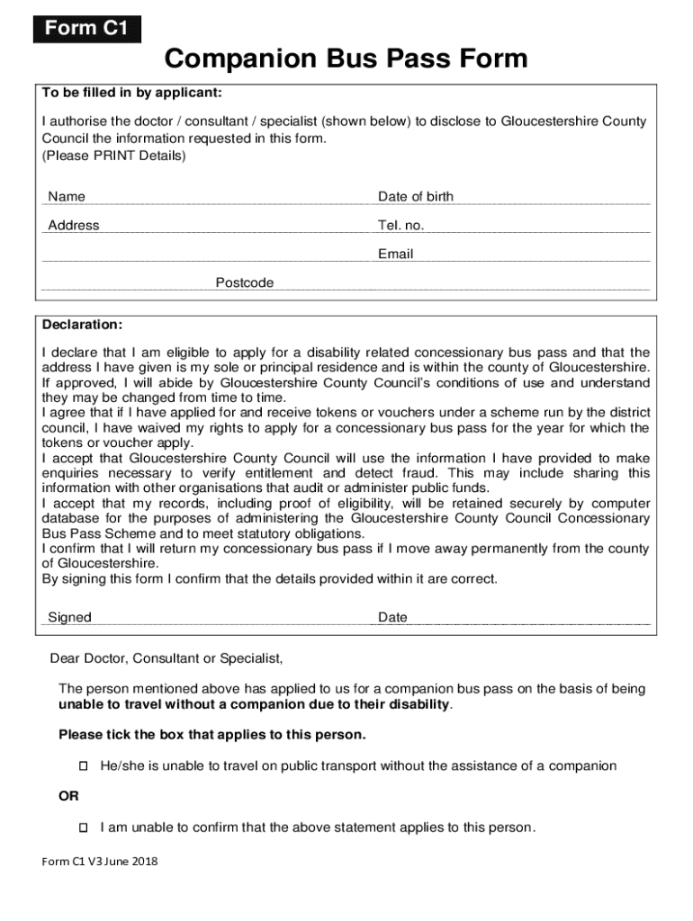 Fillable Online Form C1 Companion Bus Pass Form - gloucestershire.gov ...
