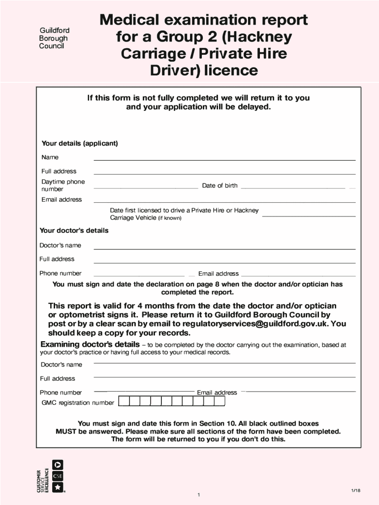 Fillable Online Medical examination report for a Group 2 (Hackney Carriage ... Fax Email Print ...