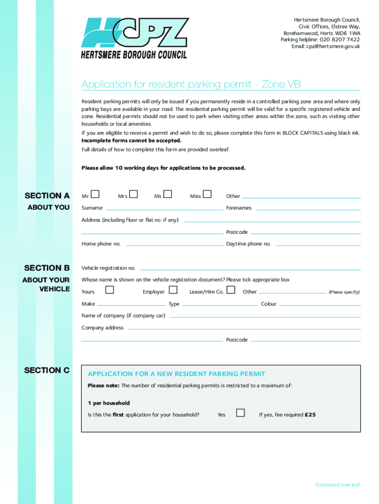 Fillable Online CBZ Zone VB Permit application form. CBZ Zone VB Permit ...