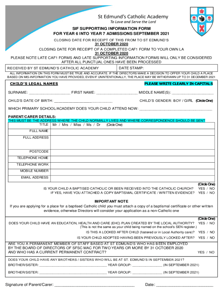 Fillable Online SIF SUPPORTING INFORMATION FORM FOR YEAR 6 INTO YEAR 7 ... Fax Email Print ...