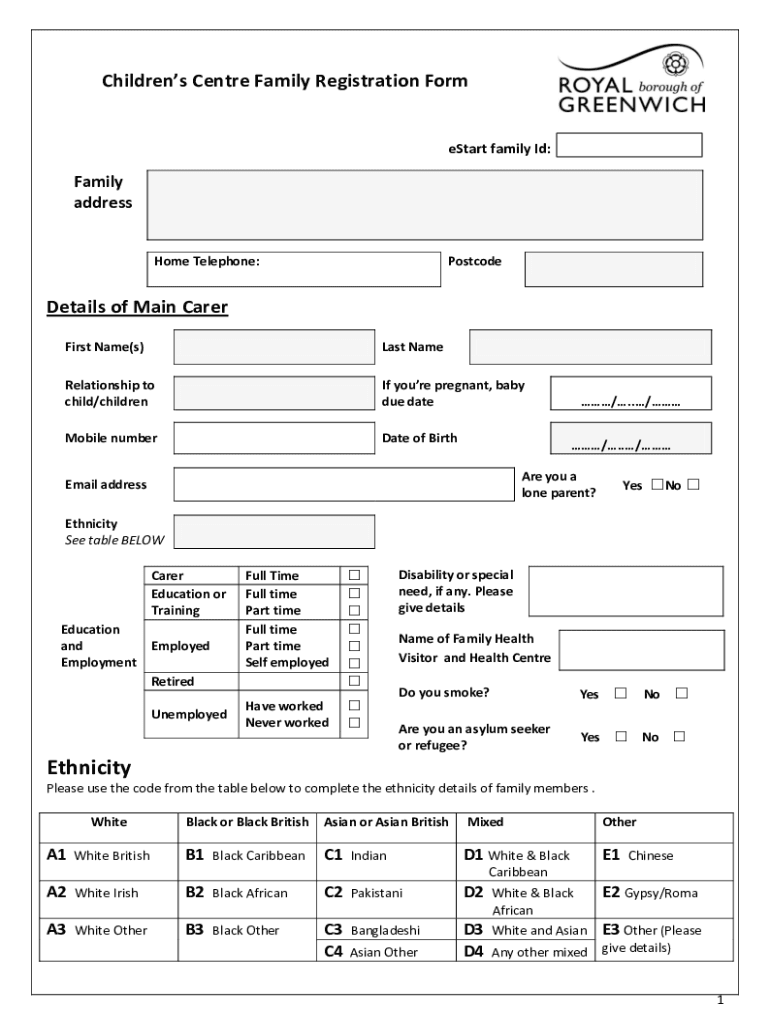 Fillable Online Childrens Centre Family Registration Form Fax Email ...