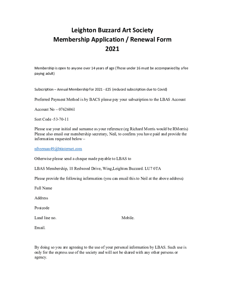 Fillable Online Leighton Buzzard Art Society Membership form 2021 Fax ...