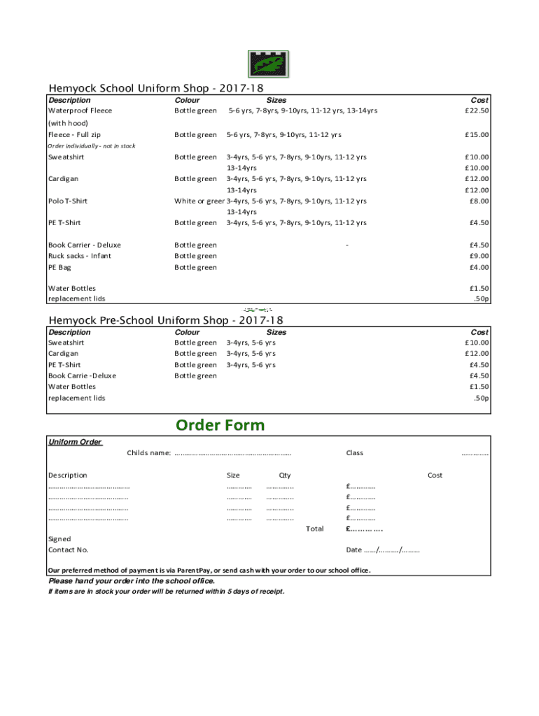Fillable Online Order Form - hemyock-primary.devon.sch.uk Fax Email ...