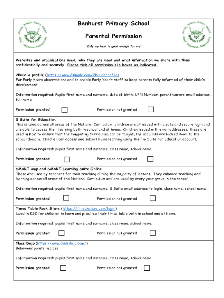 Fillable Online Benhurst Primary School Parental Permission Fax Email ...
