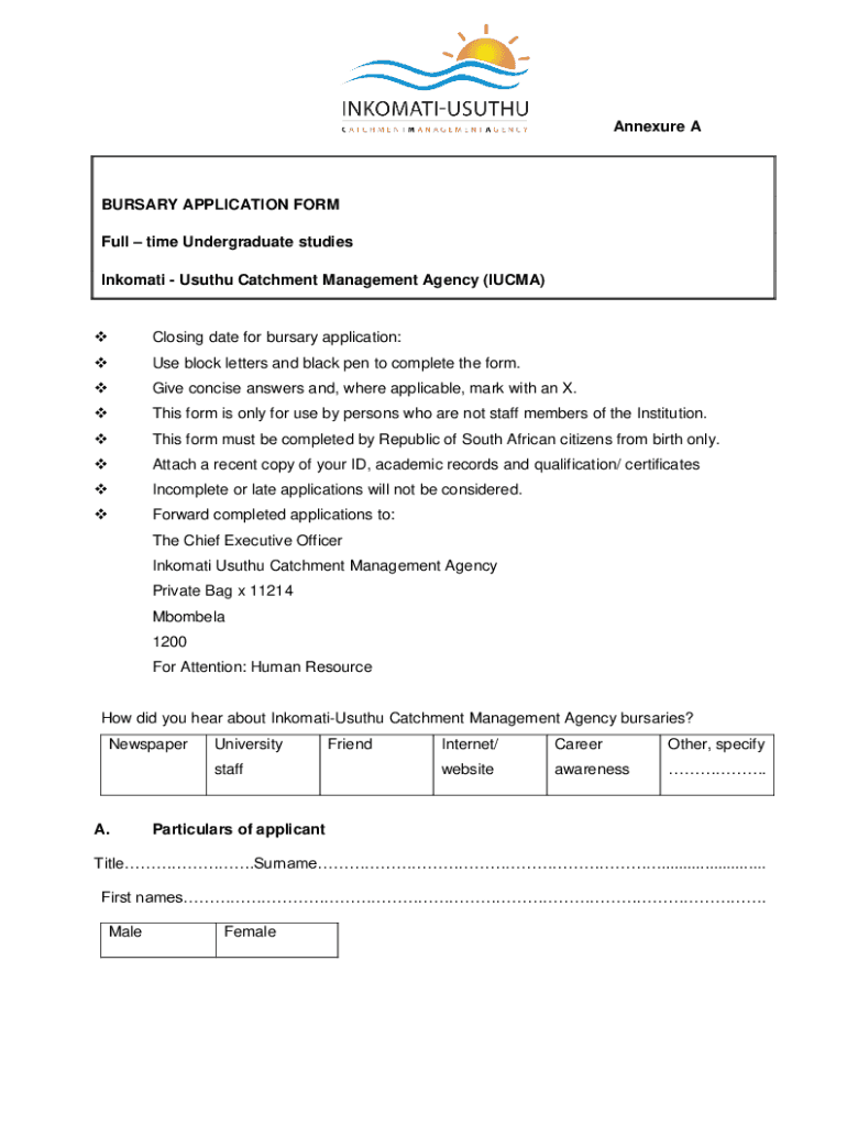 Fillable Online Annexure A BURSARY APPLICATION FORM Full time Undergraduate ... Fax Email Print ...