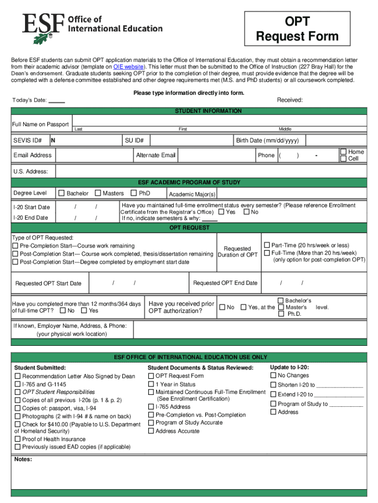 Fillable Online Optional Practical Training OPT for F-1International ...