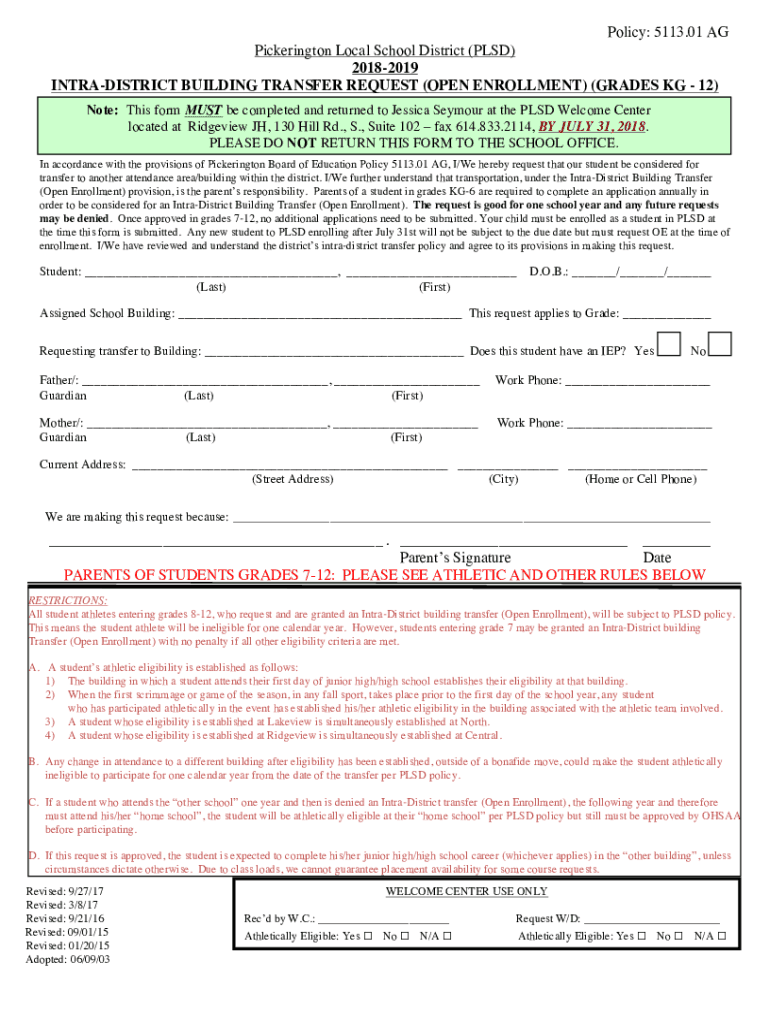 Fillable Online Intradistrict OE Transfer Request.2018-19-1 Fax Email ...