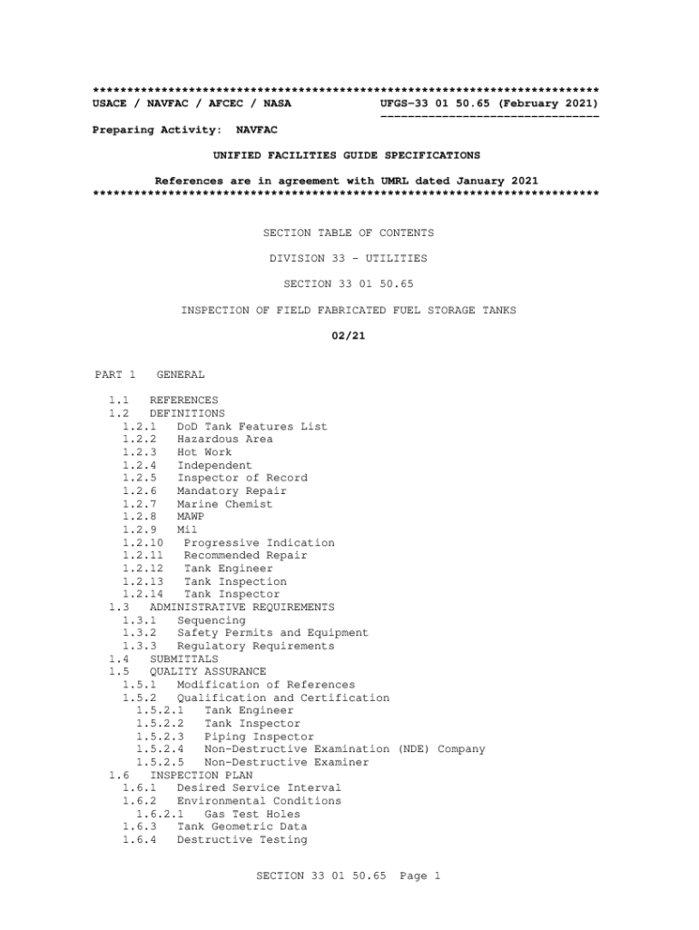 Fillable Online UFGS 33 01 50.65 Inspection of Field Fabricated Fuel ...