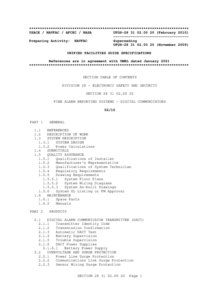 Fillable Online UFGS 28 31 02.00 20 Fire Alarm Reporting Systems ...