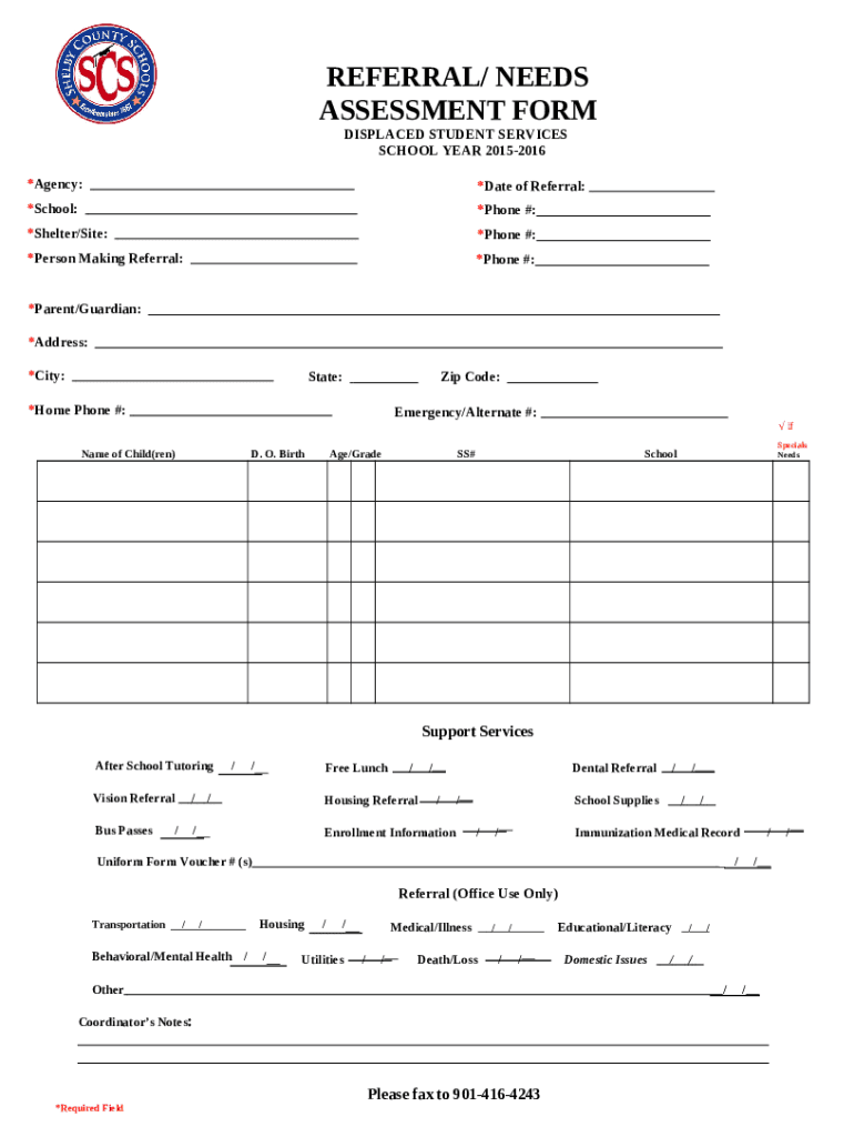 REFERRAL/ NEEDS ASSESSMENT Doc Template | pdfFiller