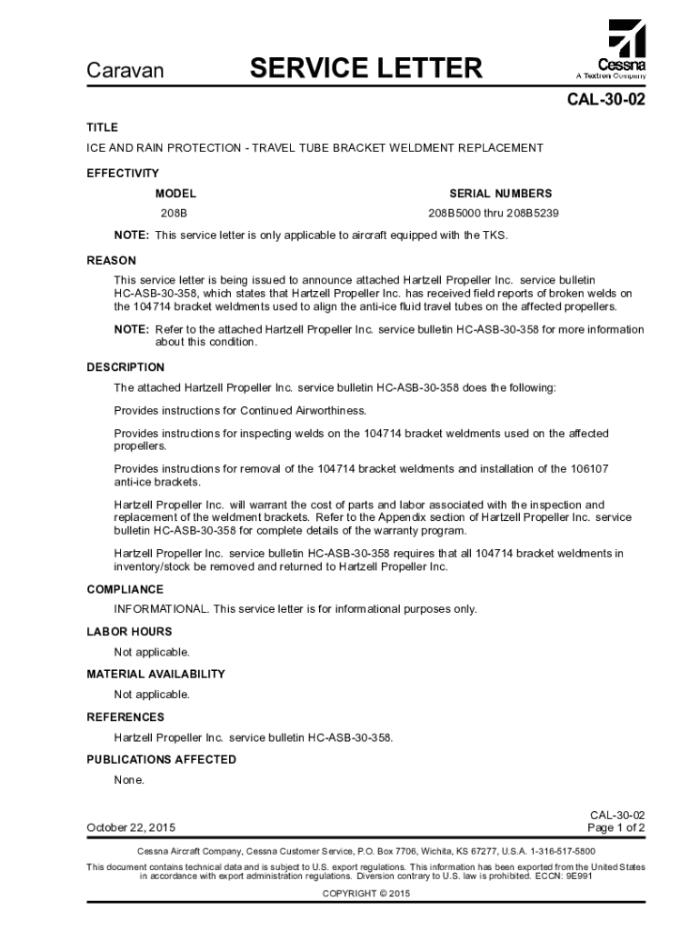 Fillable Online SERVICE LETTER - Cessna Support - Cessna Aircraft Fax ...