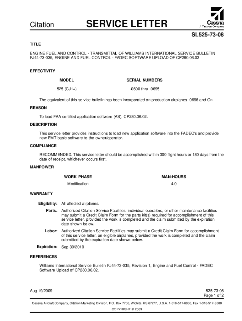 Fillable Online fj44 service bulletin - Cessna Support - Cessna ...