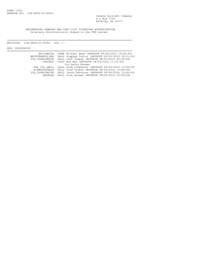 Fillable Online FORM: 2391 DRAWING NO: ICA-680-34-00006 Cessna Aircraft ...