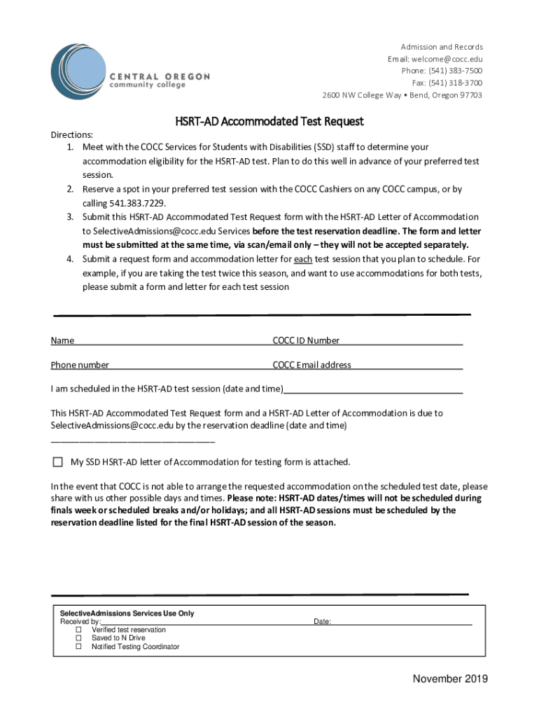 Fillable Online Submit the HSRT-AD Accommodated Test Request form Fax ...