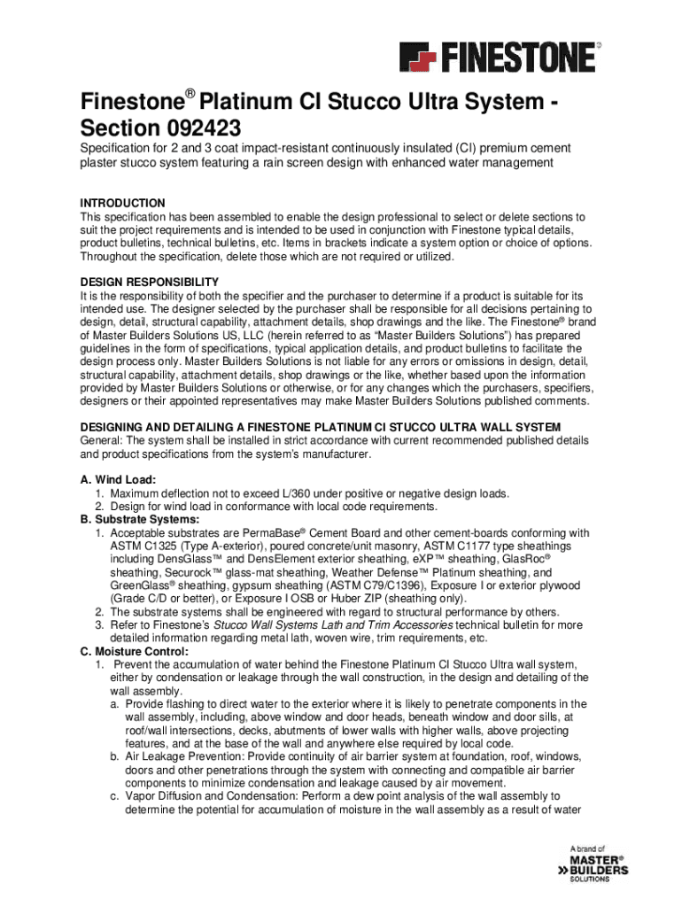 Fillable Online Finestone Wall SystemsPlatinum CI Stucco Ultra ...