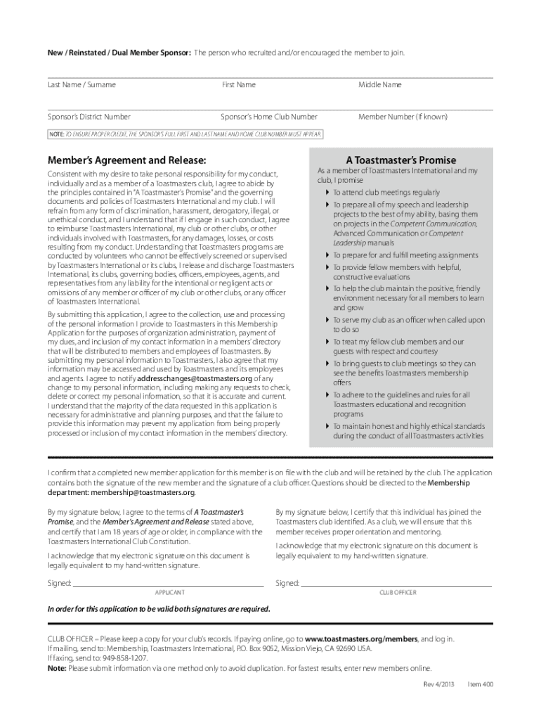 Fillable Online TOASTMASTERS Membership Application For faster se rvice ...