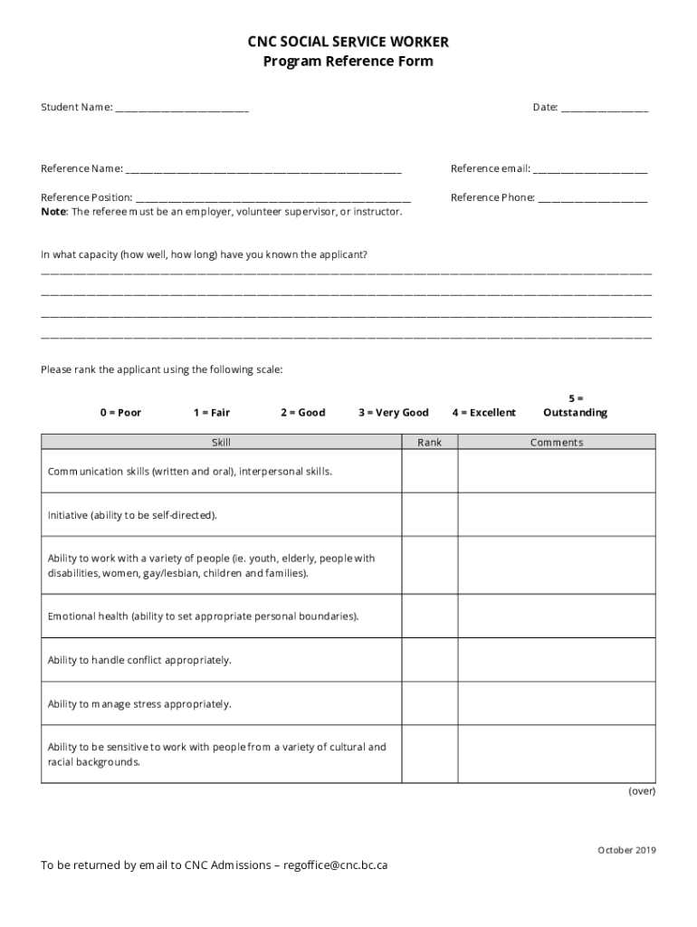 Fillable Online CNC SOCIAL SERVICE WORKER Program Reference Form Fax ...