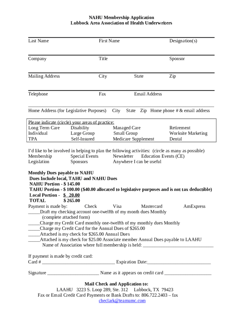 NAHU Membership Application - j.b5z.net - j b5z Doc Template | pdfFiller