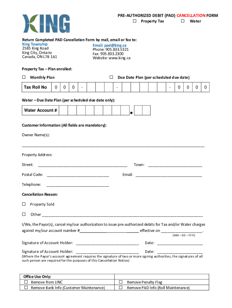 Fillable Online PRE-AUTHORIZED DEBIT (PAD) AGREEMENT Property Tax Water - King Fax Email Print ...