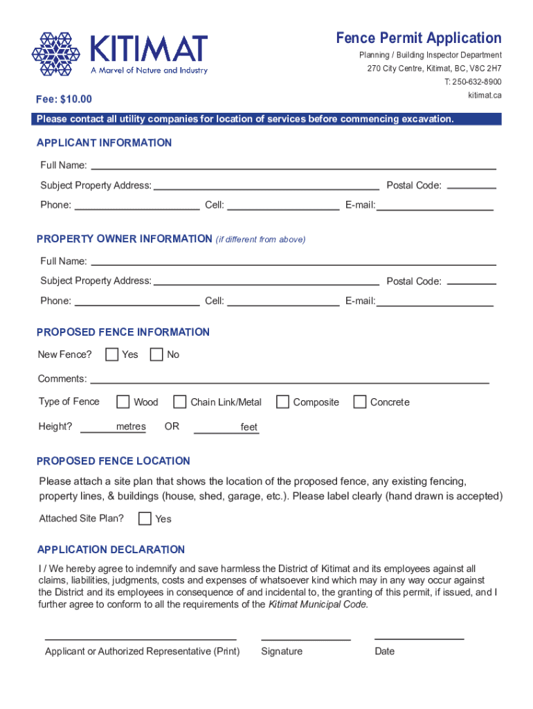Fillable Online Fence Permit Application - Kitimat Fax Email Print ...