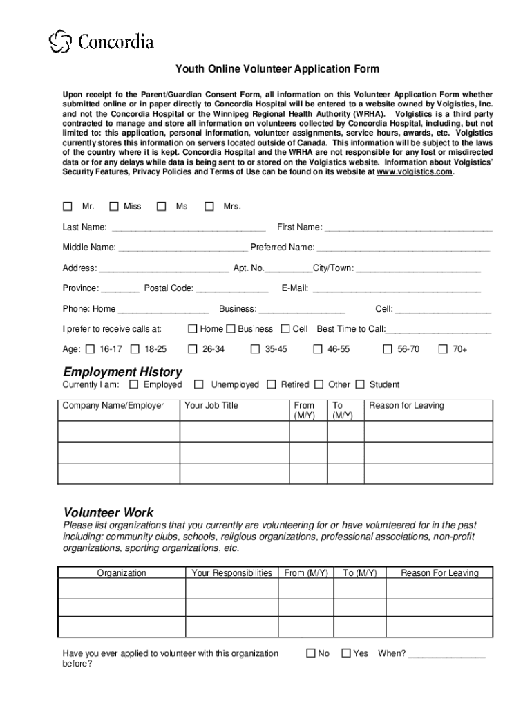 Fillable Online concordiahospital mb Volunteer Application Template - 20+ Forms (Doc & PDF ...