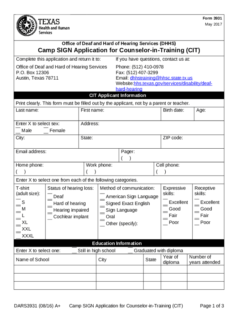 Camp SIGN Application for Counselor-in-Training (CIT) Doc Template | pdfFiller