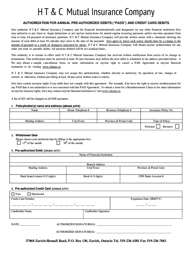 Fillable Online AUTHORIZATION FOR ANNUAL PRE-AUTHORIZED DEBITS (PADS ...