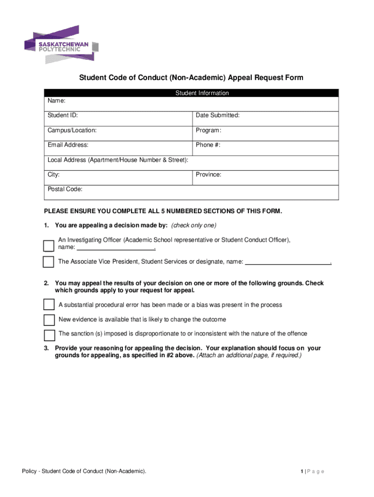 Fillable Online Student Code of Conduct (Non-Academic) Appeal Request Form Fax Email Print ...