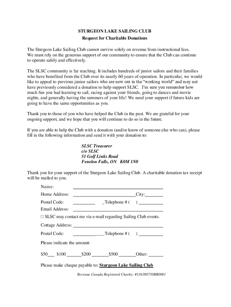 Fillable Online STURGEON LAKE SAILING CLUB Request for Charitable ...