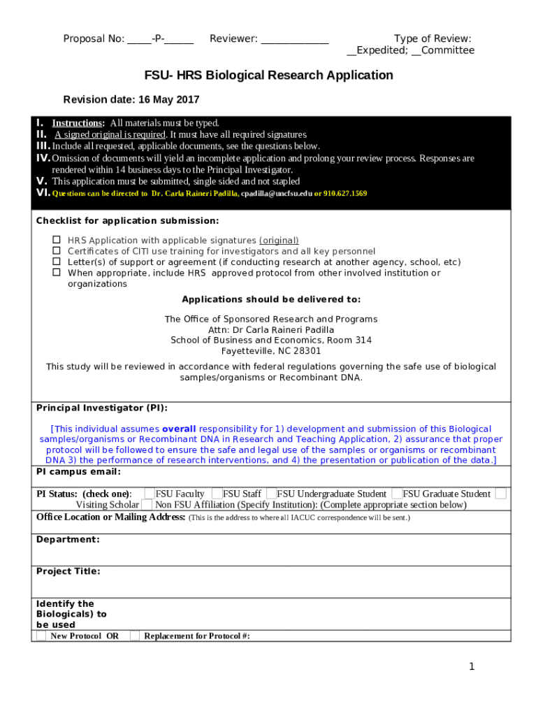 FSU- HRS Biological Research Application Doc Template | pdfFiller