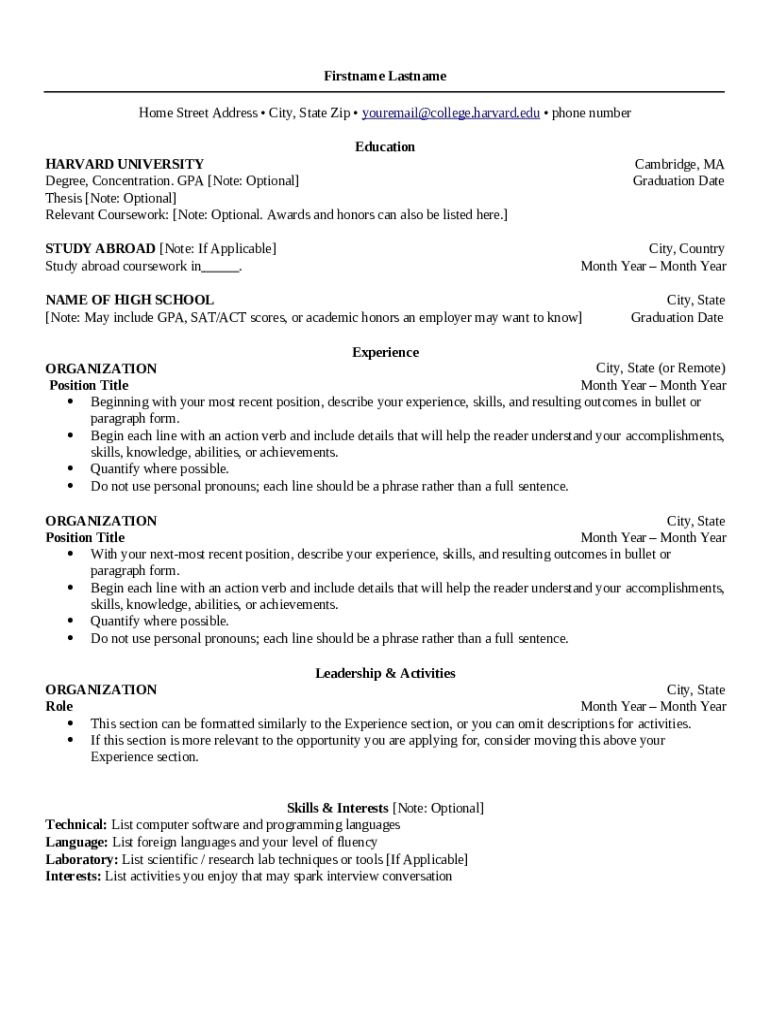 Harvard Resume Template Word Doc Template PdfFiller