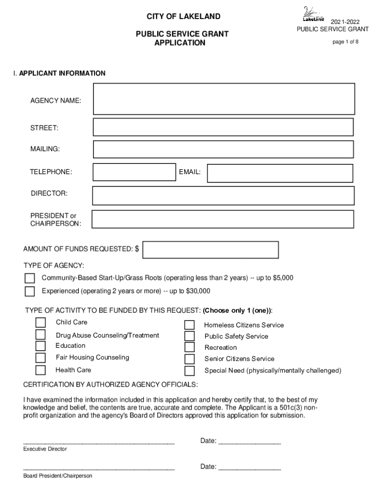 Fillable Online CITY OF LAKELAND 21 2 PUBLIC SERVICE GRANT APPLICATION ...