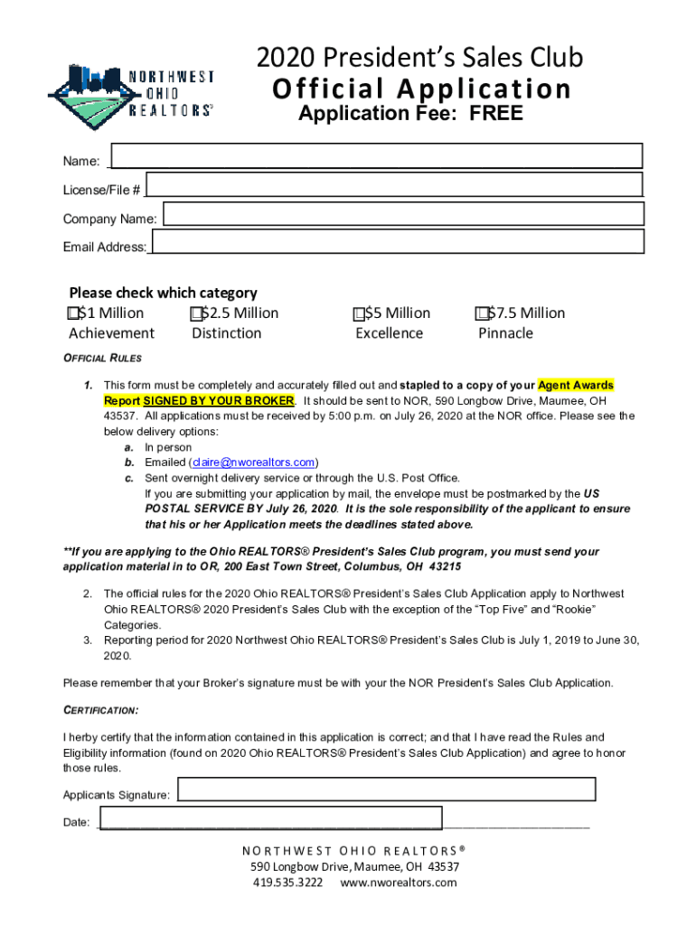 Fillable Online Official Application 2020 President's Sales Club ...